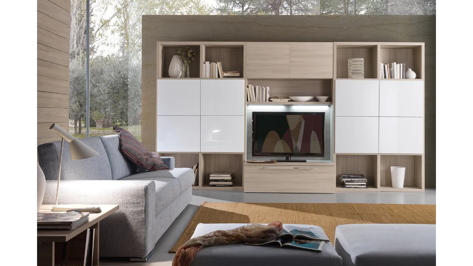 Living porta tv con libreria, moduli a giorno e pensili ...